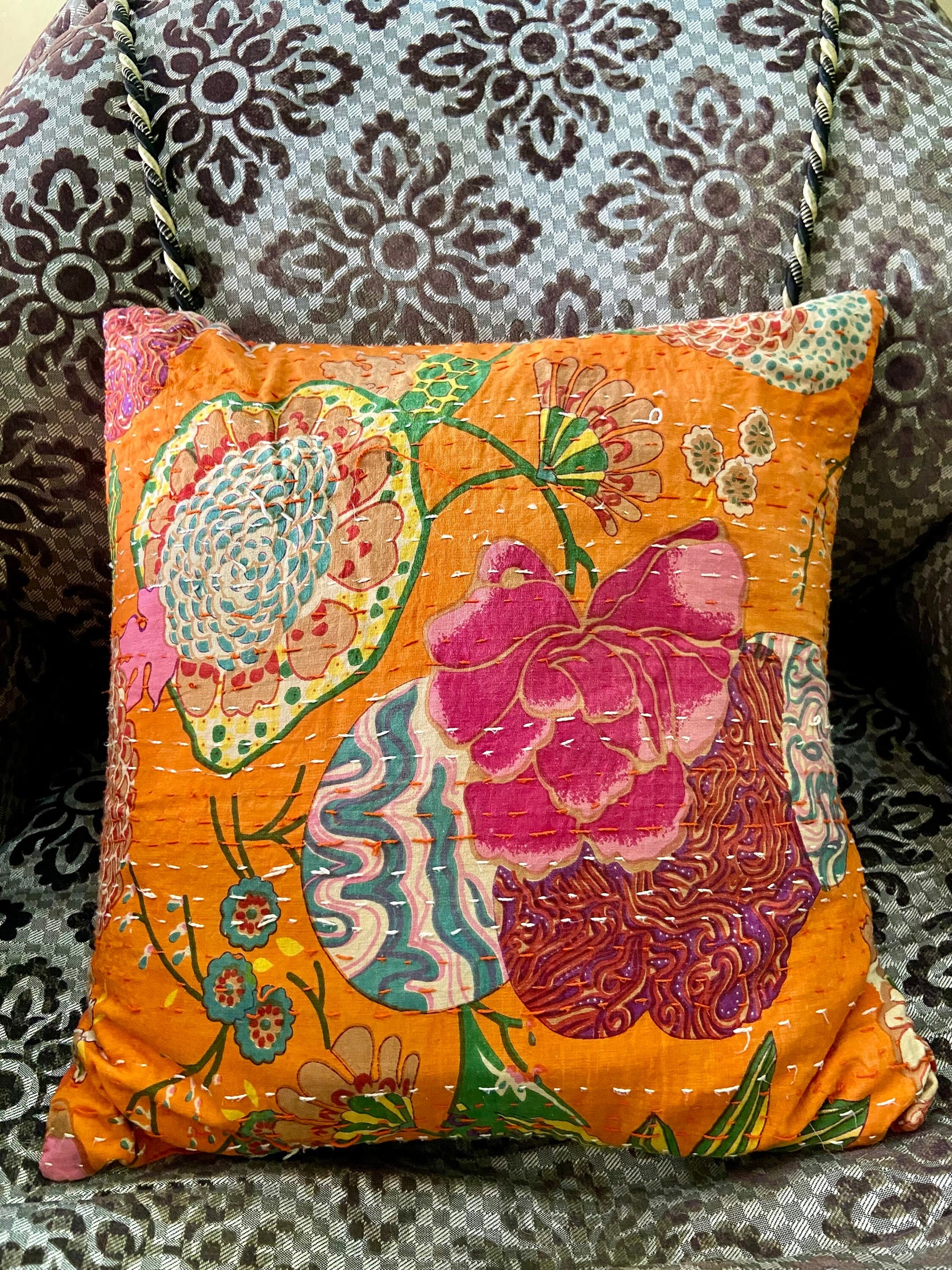 Kantha cushion cover cotton embroidered cushion vintage cushion cover ...